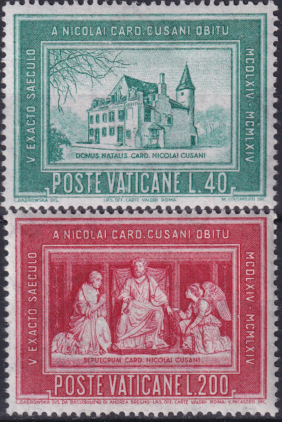 francobolli vaticano 1964 5° cent. morte Cardinal Cusano 2 val.