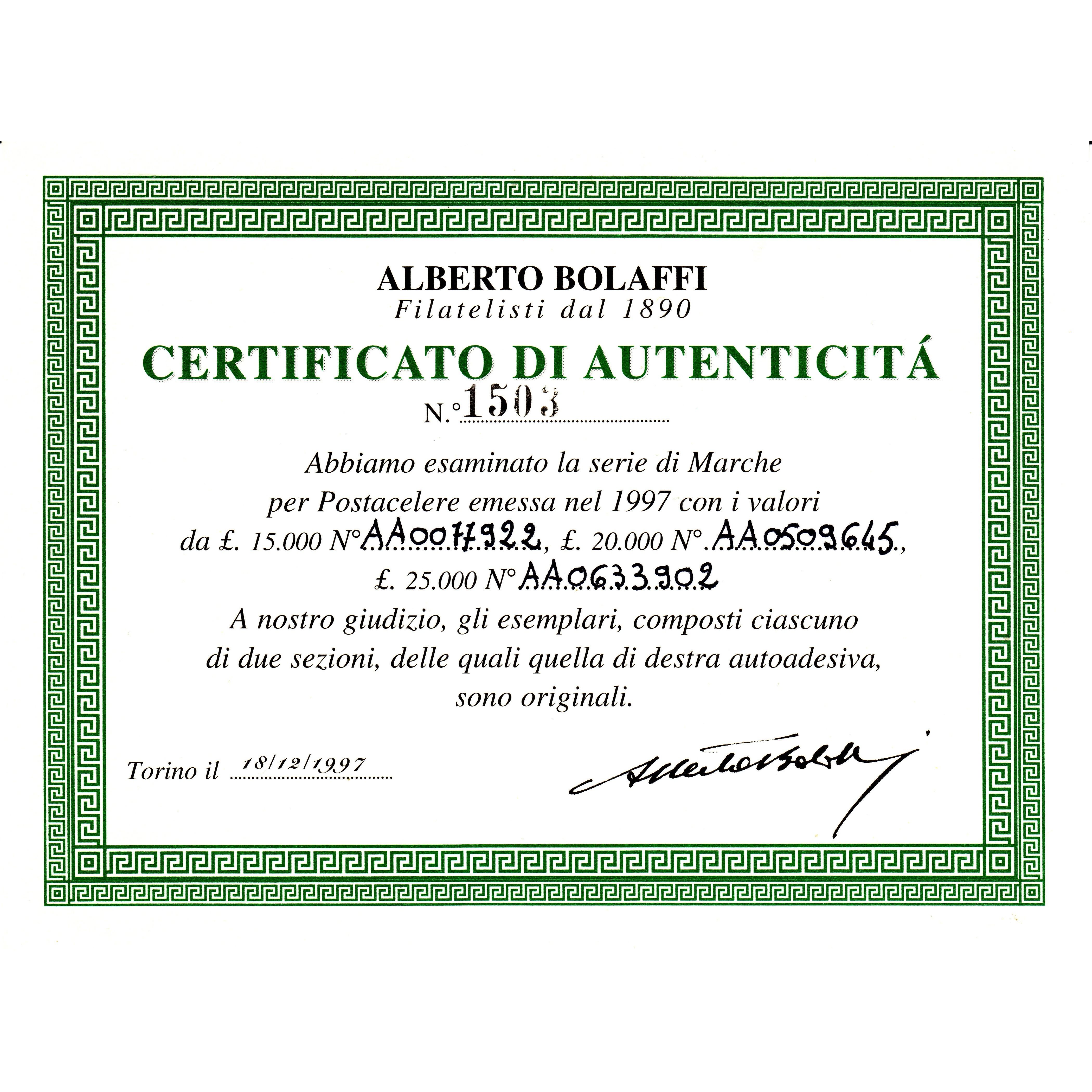 francobolli POSTACELERE 1997 con valori da 15.000L, 20.000L e 25.000L ...